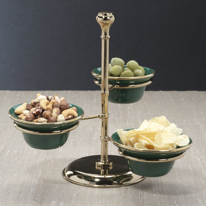 3-Tier Condiment Bowl Set - Polished Gold Stand w/ Green Ceramic Bowls ...