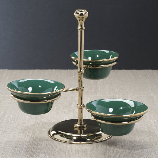 3-Tier Condiment Bowl Set - Polished Gold Stand w/ Green Ceramic Bowls ...