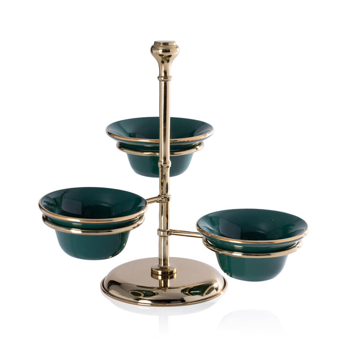 3-Tier Condiment Bowl Set - Polished Gold Stand w/ Green Ceramic Bowls ...